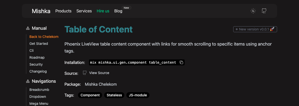 Table of contents - Chelekom Phoenix & LiveView component